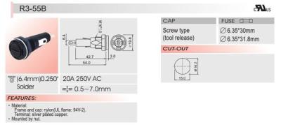 Chine Bloc de fusible du bâti 6x30 20A 250V d'écrou de R3-55B avec 0,25 terminaux de soudure à vendre