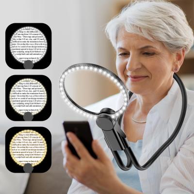 China Rechargeable 48LED Light HD Reading Stand Magnifier with 130mm Round Frame and Hanging Neck Design for sale