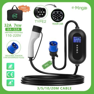 China 7kW Type 2 Portable EV Charger 8A-32A Adjustable 32A IP65 Weatherproof for sale
