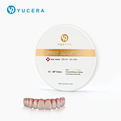 China Yucera 16 Shades Multilayer Dental Zirconia Block with 800-1300MPa Bending Strength and 57%-43% Transmittance for CAD CAM Applications for sale