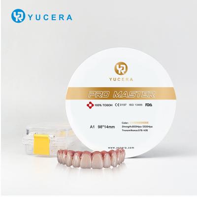 China Yucera PRO MASTER Multilayer Zirconia Block with 800-1300MPa Bending Strength and 57%-43% Transmittance for CAD CAM Dental Applications for sale
