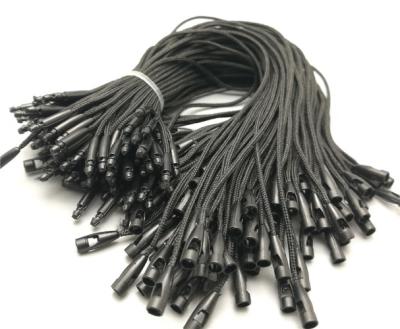 China custom plastic clohting tag black String hang tag with bullet clasp manufacturer for sale