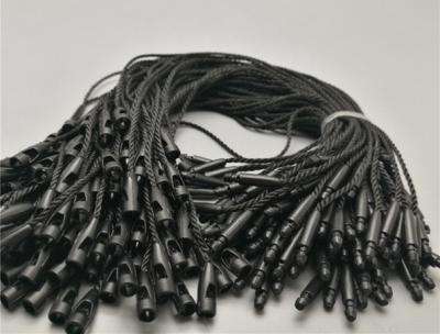China custom plastic clohting tag black String hang tag with bullet clasp manufacturer for sale