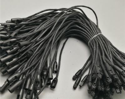 China custom plastic clohting tag black String hang tag with bullet clasp manufacturer for sale