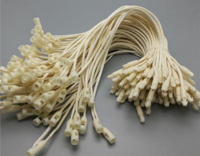 China custom cheap beige cream-coloured plastic seal String hang tag with bullet clasp for sale