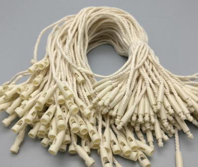 China custom cheap beige cream-coloured plastic seal String hang tag with bullet clasp for sale