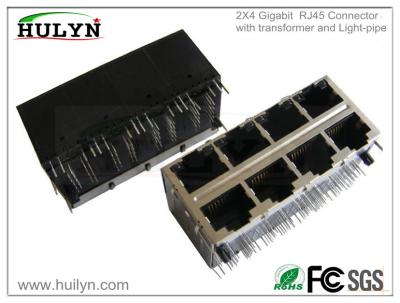 China 2X4 Stacked RJ45 Jack With 1000Base transformer and light-pipe LEDs. for sale