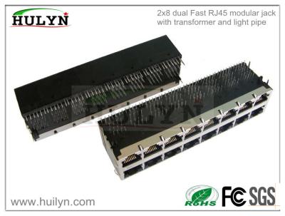 China 2X8 Stacked RJ45 Jack With 100Base transformer and light-pipe LEDs. for sale