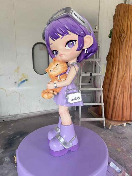 Quality Custom Purple Hair Cartoon Girl FRP Sculpture Holding Cat for Shopping Mall Decoration for sale