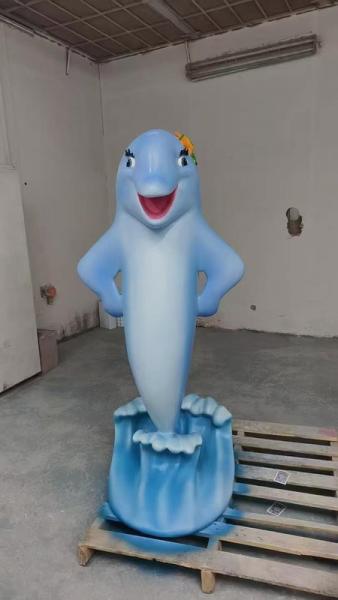 Quality Custom Cartoon Dolphin Fiberglass Sculpture with Wave Base - Weather-Resistant FRP Sculpture for Theme Parks for sale