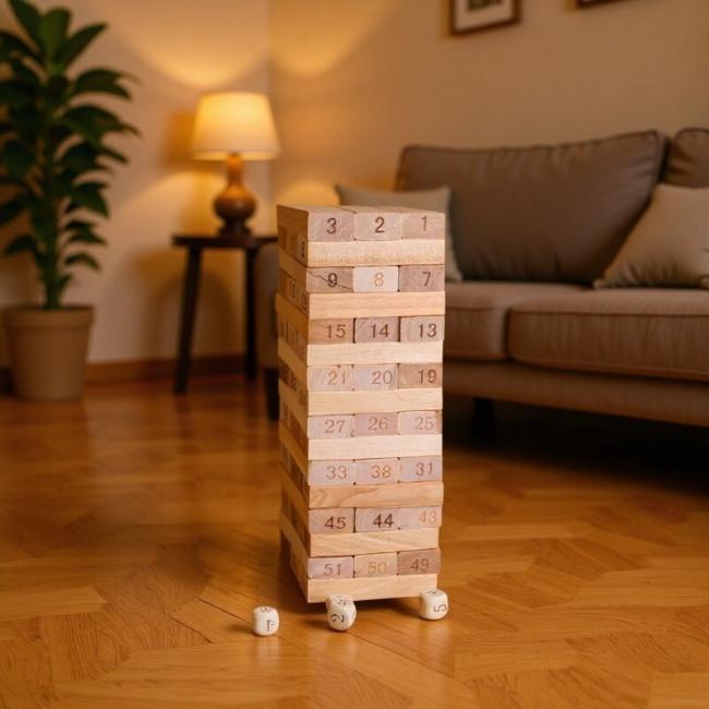 Wooden stacking number blocks game set with dice displayed on table