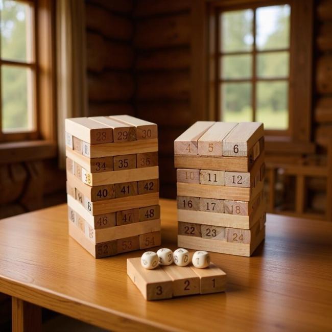 Close-up view of wooden number blocks showing engraved numbers