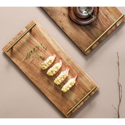 China Wooden Serving Tray with Metal Handles, Stylish Farmhouse Decor Serving Platters, Wood Serving Board for Ottoman or Centerpiece for sale