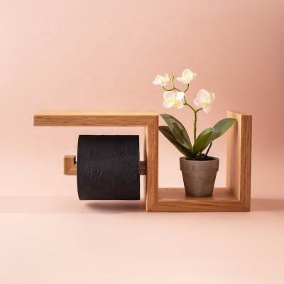 China Wooden Toilet Paper Holder with Wall Shelf for WC Roll Easy Storage Natural Wood Oak Material for sale