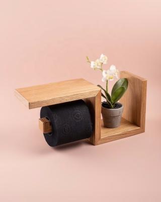 China Wooden Toilet Paper Holder with Wall Shelf for WC Roll Easy Storage Natural Wood Oak Material for sale