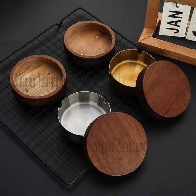 China Wooden Ashtray with Lid for Smokers Stainless Steel Liner Ash Tray Windproof Durable Easy to Clean Cool Ashtrays for sale