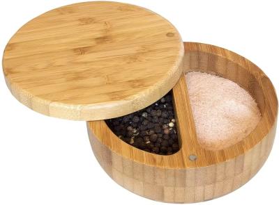 China Bamboo lid spice jar Salt cellar box Pepper box Moisture-proof kitchen seasoning storage box with magnetic rotating lid for sale