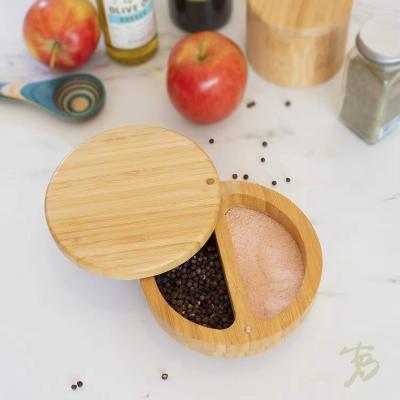 China Bamboo lid spice jar Salt cellar box Pepper box Moisture-proof kitchen seasoning storage box with magnetic rotating lid for sale