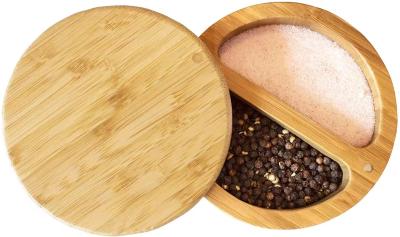 China Bamboo lid spice jar Salt cellar box Pepper box Moisture-proof kitchen seasoning storage box with magnetic rotating lid for sale
