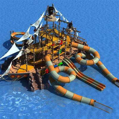 China Customized Pirate Ship Shaped Aqua Park Slide Fiberglass Water Playground with Concrete Hull for Water Parks for sale