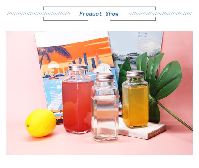 8oz 2oz 16oz French Square Juice Glass Bottles Packaging for Beverage with Plastic Screw Cap