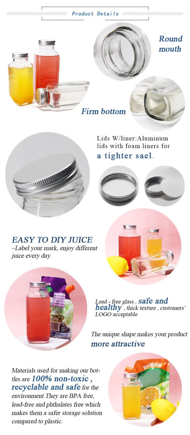 8oz 2oz 16oz French Square Juice Glass Bottles Packaging for Beverage with Plastic Screw Cap
