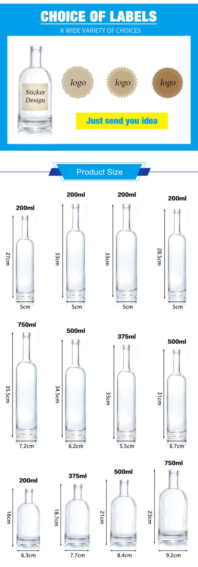 Custom Printed 375ml 500ml 750ml Flint Glass Vodka Bottle with Stopper