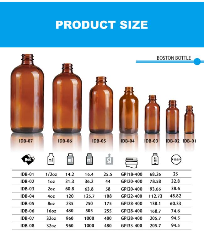 Free Sample 15ml 30ml 60ml 120ml 250ml 500ml 1000ml Glass Boston Round Bottle with Black Polycone Cap