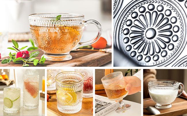 Factory Direct Retro Embossed Coffee Crystal Clear Glass Cup