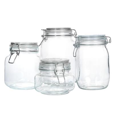 China Clear Short Type 100ml 150ml 200ml Glass Pickle Butter Jar with Metal Buckle Clip Lid for sale