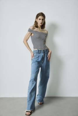 China Navy White Striped Black Knitted Custom  Bodysuit Denim Jeans L Size for sale