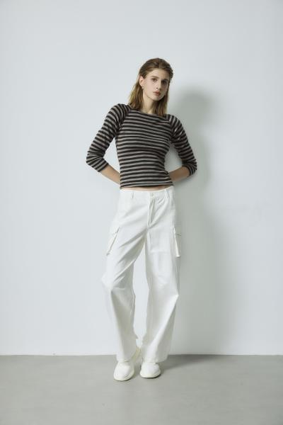 Quality Striped Wool Base Layer Three Quarter Sleeve Cropped Base Layer Wool Pullover Shirt for sale