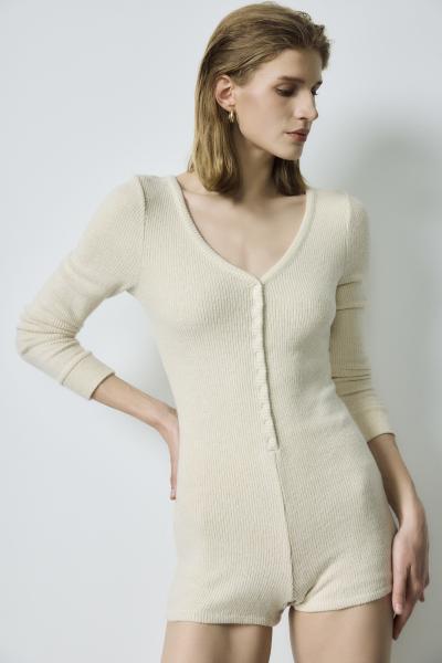Quality Beige Ribbed Knit V Neck Half Placket Long Sleeve Romper for sale