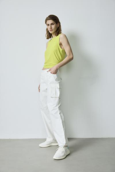 Quality Lime Green Basic Tops Ribbed Sleeveless Crop Top White Cargo Pants Set 102cm for sale