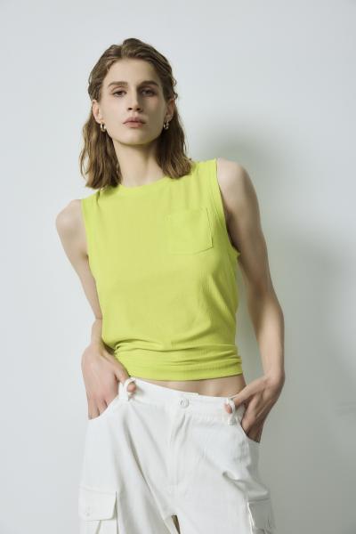 Quality Lime Green Basic Tops Ribbed Sleeveless Crop Top White Cargo Pants Set 102cm for sale