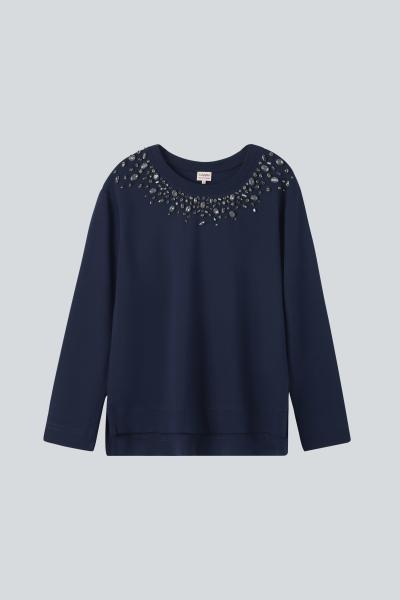 Quality Navy Blue Beaded Embellished Neckline Long Sleeve Blouse Wrinkle Resistant for sale