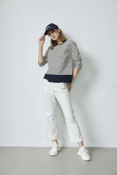 Quality Breathable Cotton Blend Navy Cream Nautical Stripe Relaxed Fit Top for sale