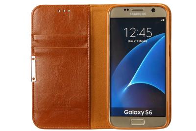 China Luxury Leather Phone Cases Galaxy S6 Brown With Magnet / Card Pocket for sale