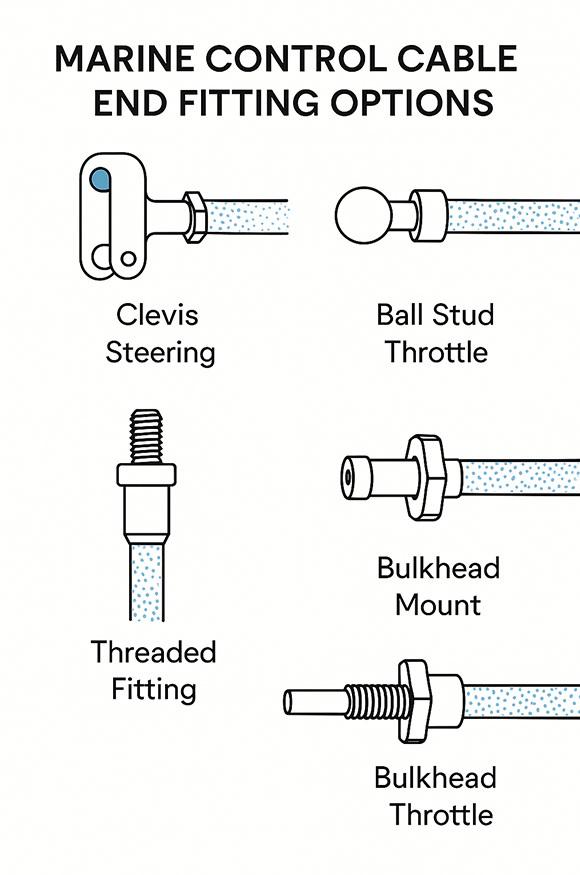 Marine control cable end fitting options for throttle and steering