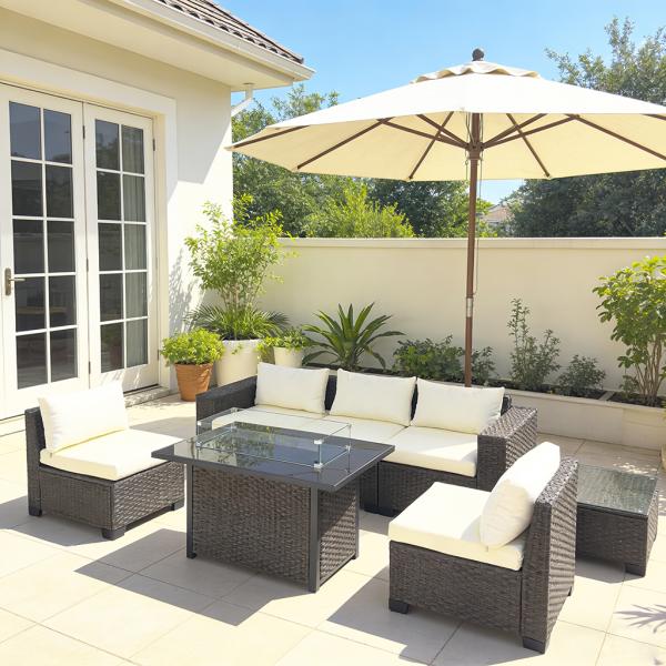 Quality Factory Wholesale Wicker Rattan Outdoor Sectional Sofa Set with Fire Pit Table  Knock Down Patio Furniture Set for sale