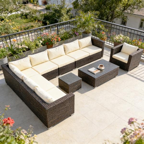 Quality 8 Pieces Set All-Weather PE Rattan Sectional Sofa Set Outdoor L-Shaped Wicker Conversation Set with Coffee Table for sale