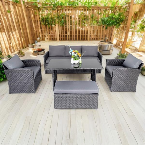 Quality Set of 5 Big Size Outdoor Patio Garden Dining Table and Chairs Terrace Rattan Seating Casual Terrace Furniture for sale