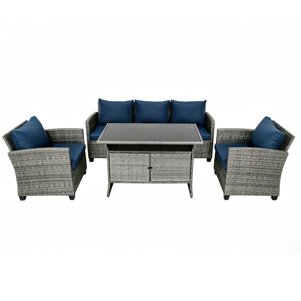 Quality All Weather 4 Pieces Patio Furniture Set Garden Backyard Functional  Storage Dining Table Outdoor Wicker Conversation Set for sale