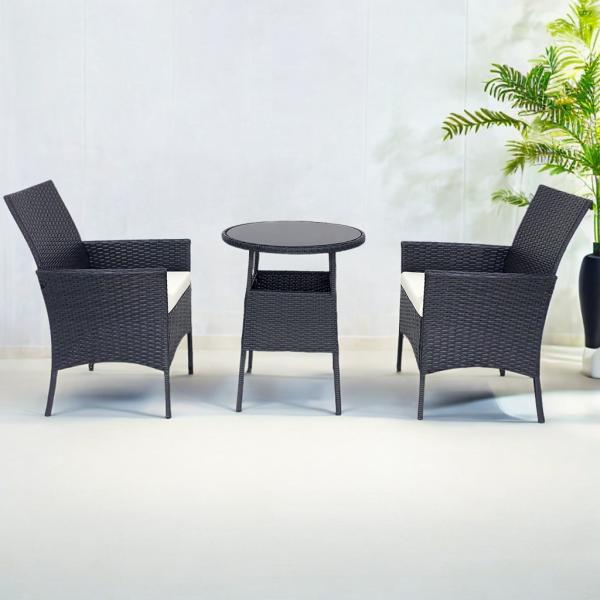 Quality PE Rattan Wicker Bistro Set Outdoor Patio Furniture with Round Glass Top Table & Cushioned Chairs for Garden Balcony Backyard for sale