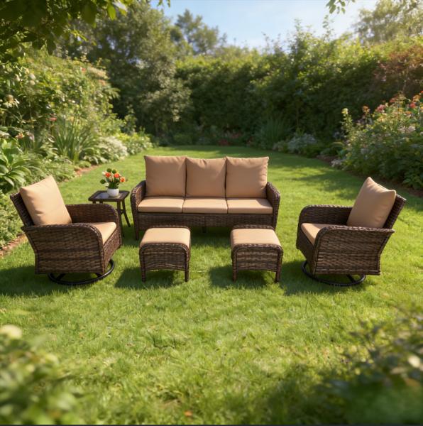 Quality Factory Price 6 Piece Outdoor Rattan Furniture Set 3 Seater Sofa and Rocking Chair Combination for Backyard for sale