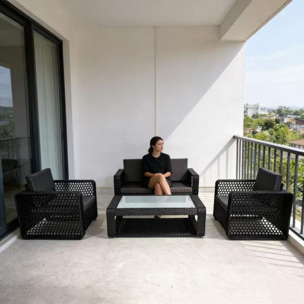 Quality Modern Black PE Rattan Outdoor Sofa Set with Glass Coffee Table for Patio Balcony and Garden for sale