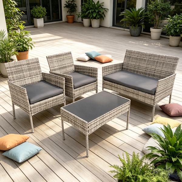 Quality Four Pieces Patio PE Rattan Wicker Furniture Set Outdoor Garden Conversation Sofa Set with Gray Cushions Glass Top Coffee Table for sale