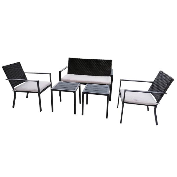 Quality Steel Iron Frame Wide Rattan Patio 5 Pieces love Seat Chair and Coffee Tea End Table Garden Patio Furniture for sale