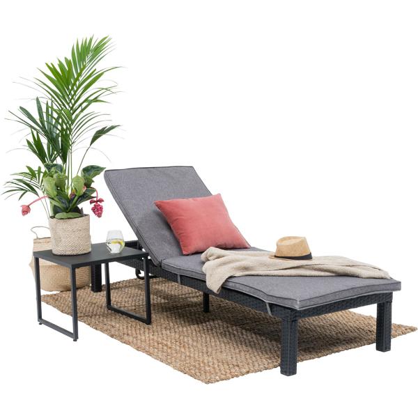 Quality Outdoor Furniture Wicker Chaise Lounge Iron Frame Waterproof Fabric Rattan Sunbed Sun Loungers With Side Square Table for sale