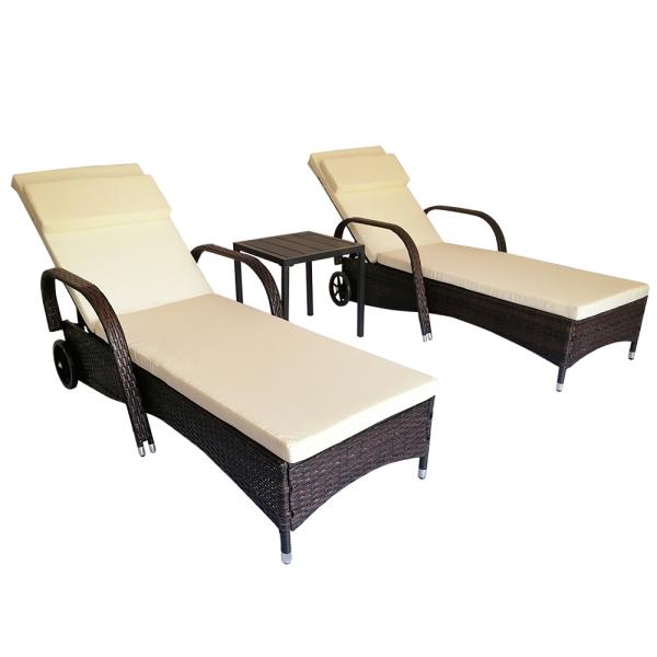 Quality Leisure Outdoor Rattan Double Sun Bed Rattan Wicker Chaise Lounge Poolside Style Modern Furniture Sunbed with Wheels for sale